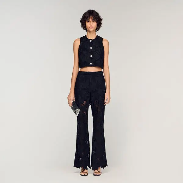 Sandro Embroidered Guipure Crop Top - Black