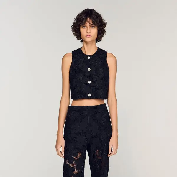 Sandro Embroidered Guipure Crop Top