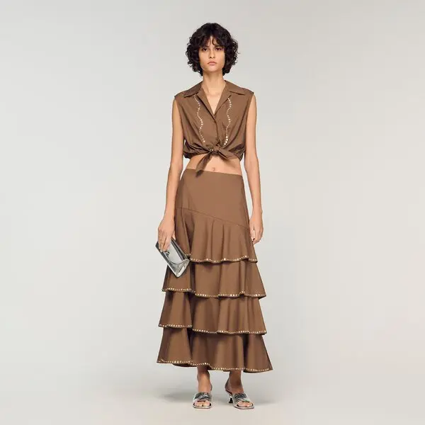 Sandro Maxi Ruffled Rhinestone Skirt