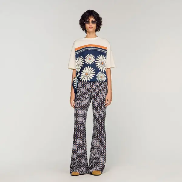 Sandro Floral-print Flowy Trousers - Deep Blue / Ocher
