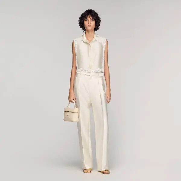 Sandro Straight-leg Satin Trousers With Belt Loops - Cream