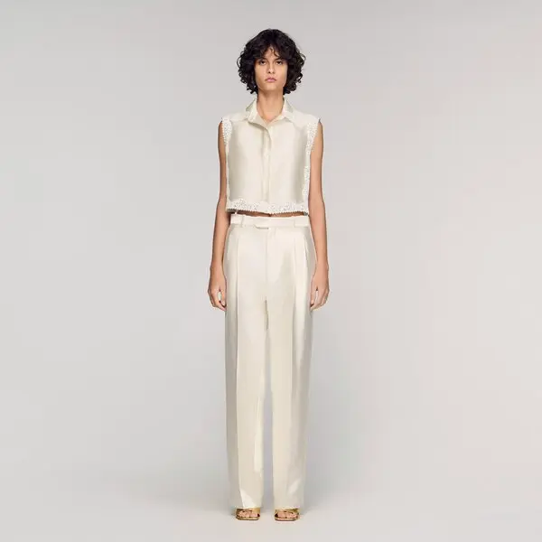 Sandro Straight-leg Satin Trousers With Belt Loops - Cream
