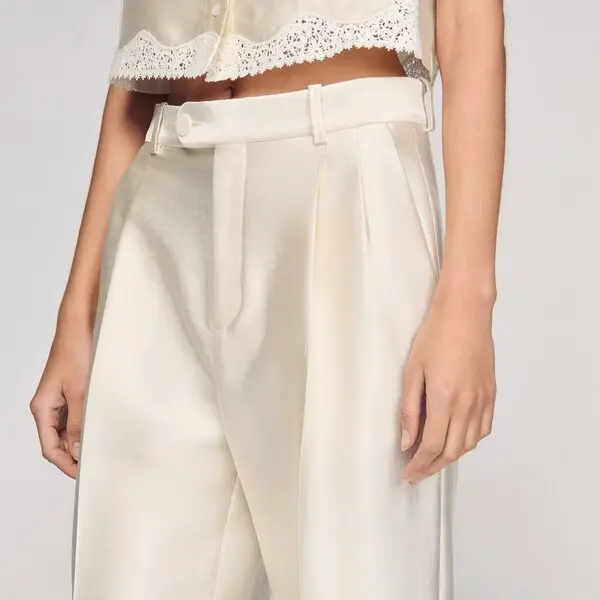 Sandro Straight-leg Satin Trousers With Belt Loops - Cream