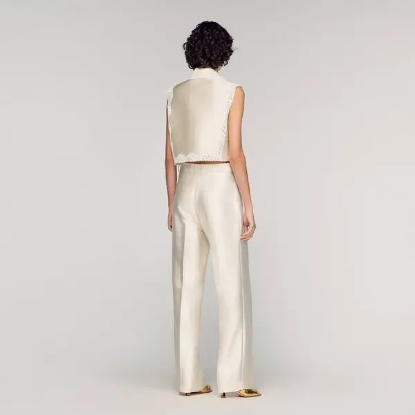Sandro Straight-leg Satin Trousers With Belt Loops - Cream