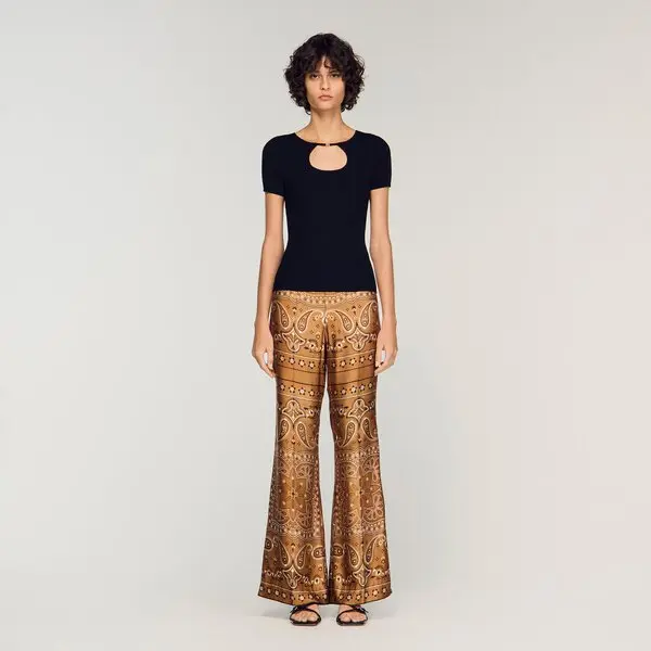 Sandro Slim-fit Ribbed Knit Top With Openwork Collar