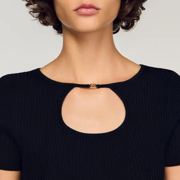 Sandro Slim-fit Ribbed Knit Top With Openwork Collar