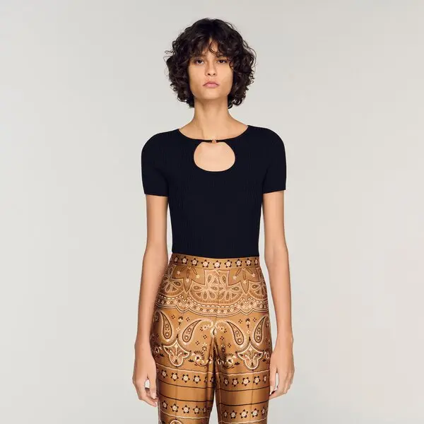 Sandro Slim-fit Ribbed Knit Top With Openwork Collar