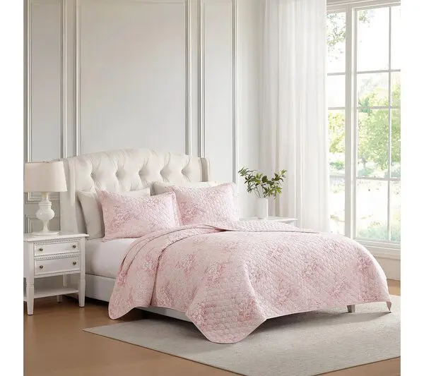 Laura Ashley Toile Delightful Pale Pink Cotton King Quilt Set - One-color