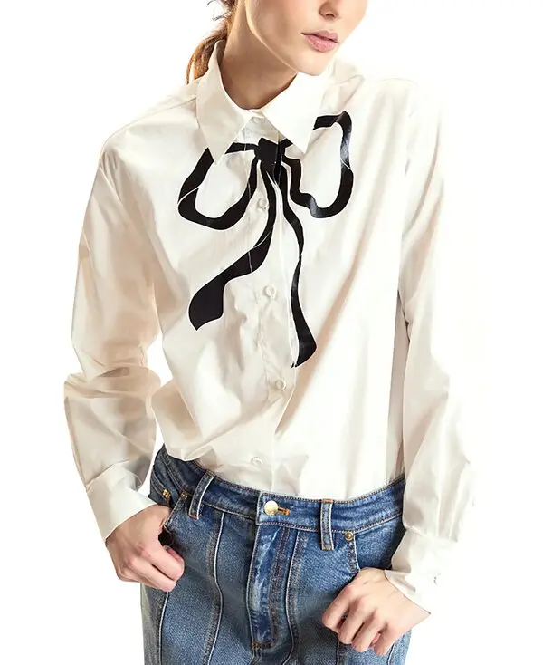 Cynthia Rowley Metallic Bow Cotton Shirt - White
