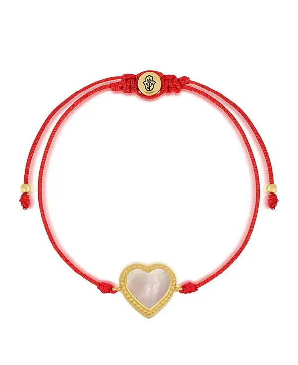 KARMA AND LUCK Mother Of Pearl Heart Charm Drawstring Bracelet - Red