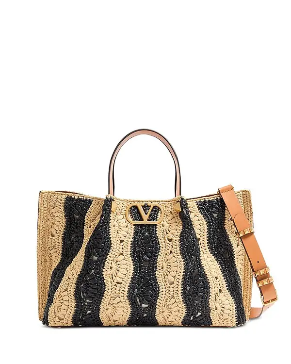 Valentino Garavani Medium Striped Raffia Tote Bag