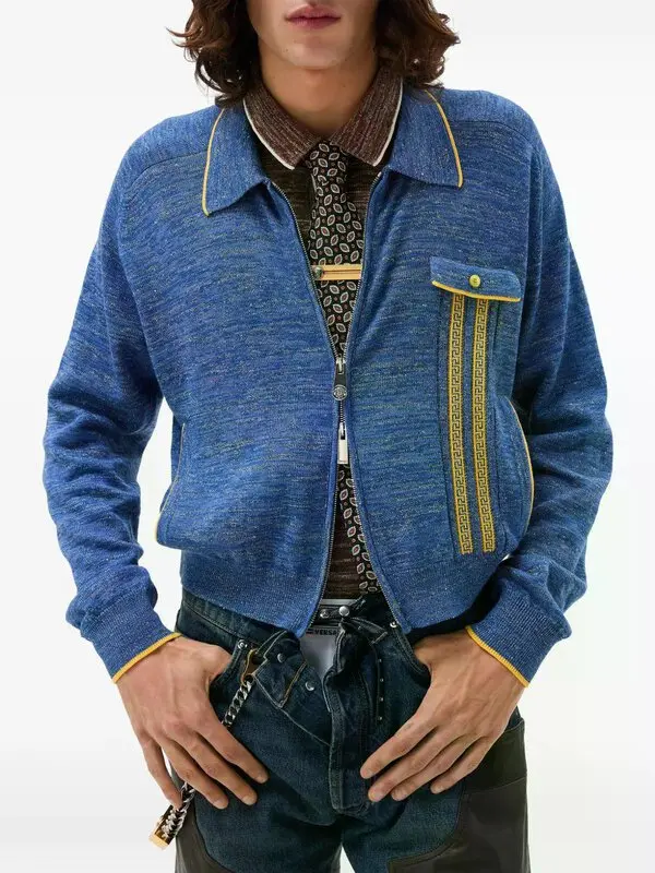 Versace Cotton, Linen And Silk Blend Jacquard Knit Zip Cardigan