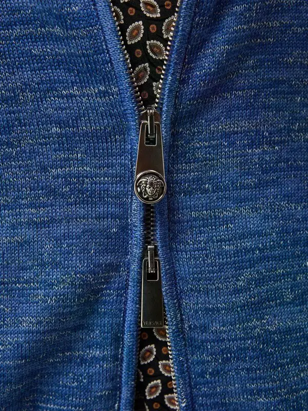 Versace Cotton, Linen And Silk Blend Jacquard Knit Zip Cardigan