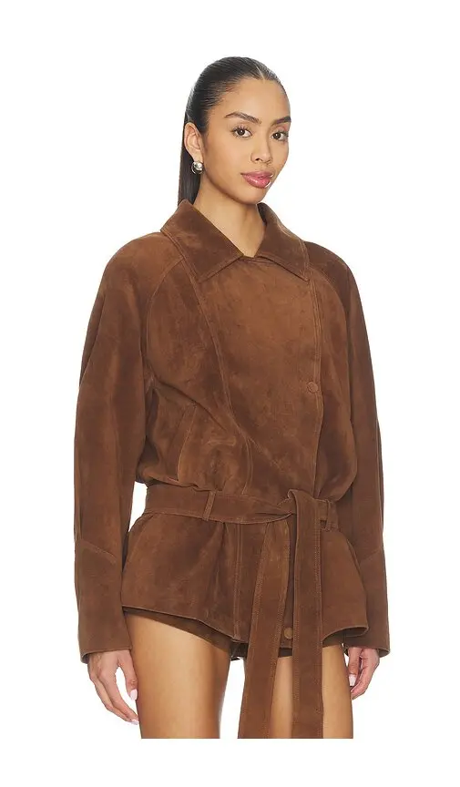 AEXAE Leather Suede Belted Jacket In Brown