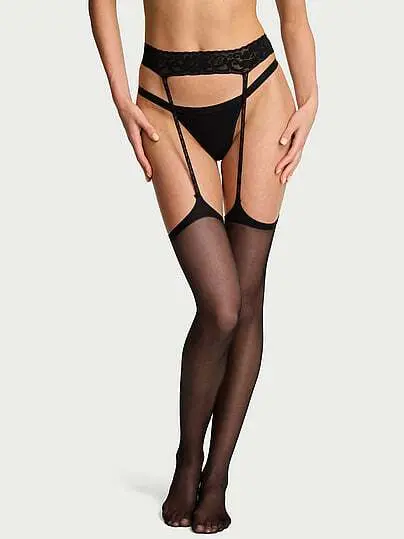 Victoria's Secret Lace-trim Suspender Thigh Highs - Black