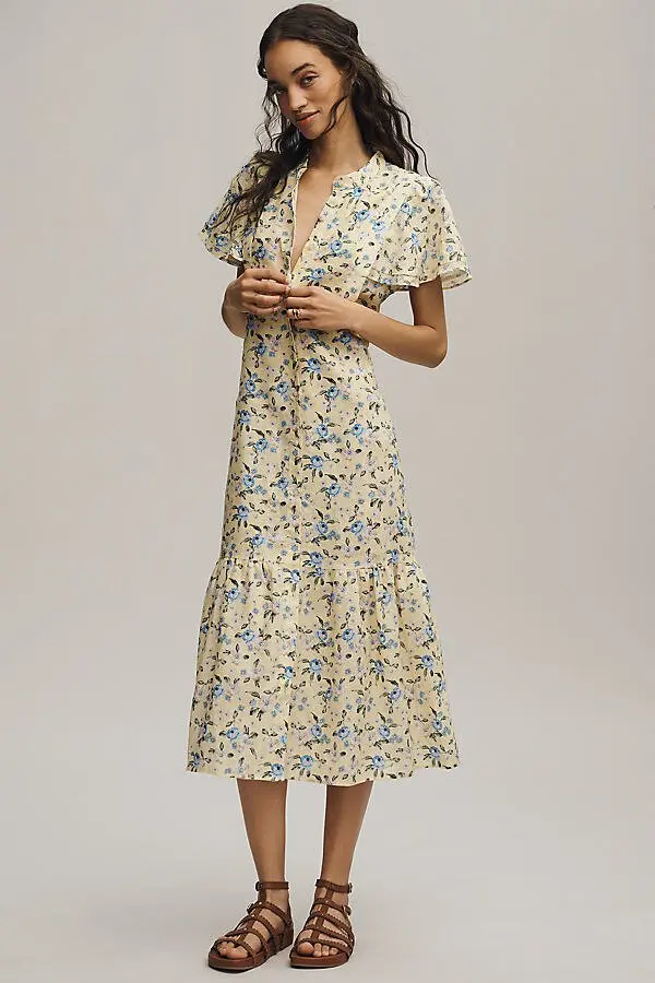 Lanhtropy Willow Len Short-sleeve Midi Shirt Dress - Yellow Floral