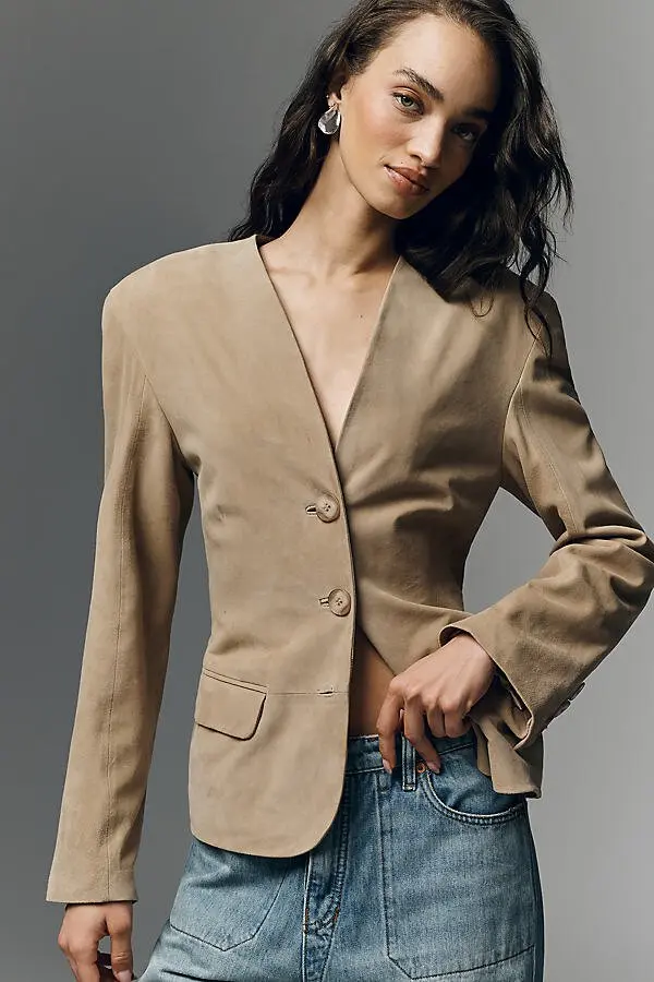 LAMARQUE Abitha Collarless Suede Blazer Jacket