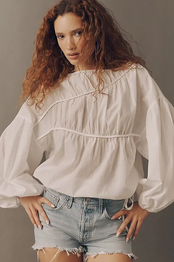 A.REN Tropez Shirred Linen Cotton Puff-sleeve Blouse - Off White