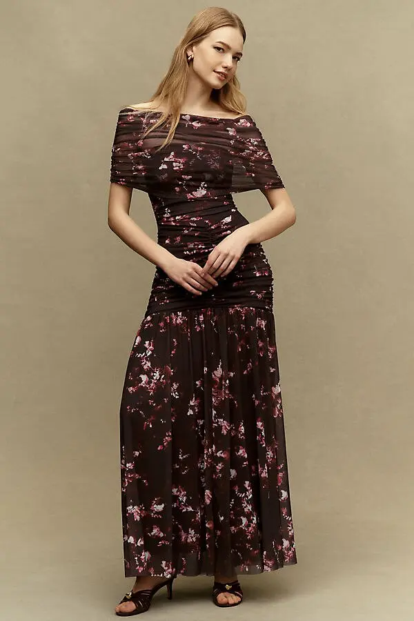 Bhldn Kaia Off-Shoulder Stretch Mesh Maxi Dress - Brown Floral |  Editorialist