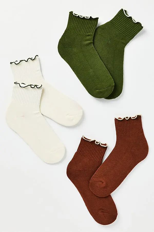 Anthropologie Ruffle-trim Crew Socks, Set Of 3 - Neutral/green