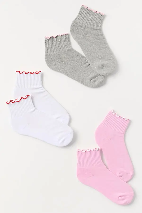 Anthropologie Ruffle-trim Crew Socks, Set Of 3 - Pink/grey/white