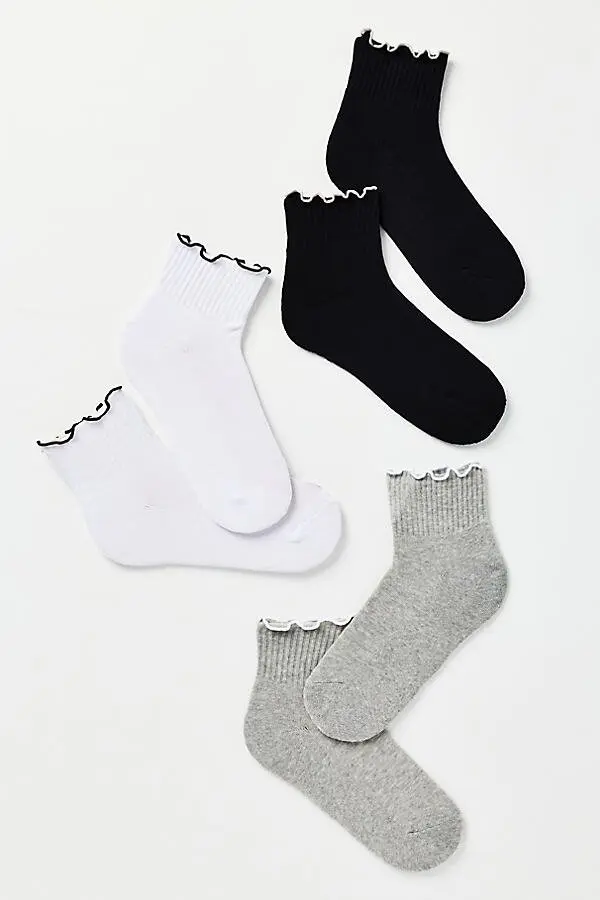 Anthropologie Ruffle-trim Crew Socks, Set Of 3 - White/black/grey