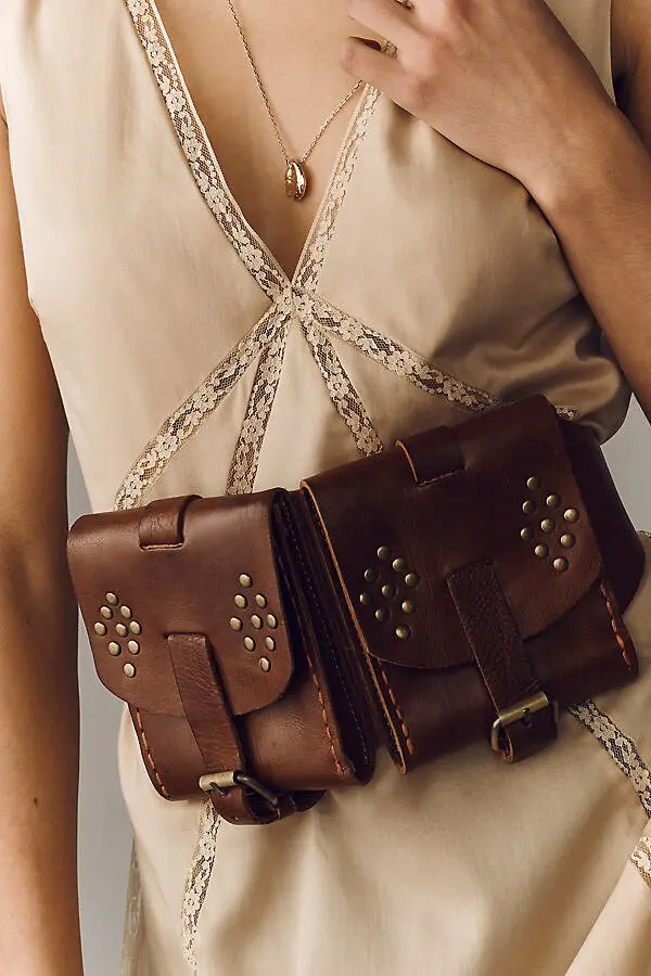 Z & L EUROPE Rogue Studded Leather Double-pocket Belt - Cognac
