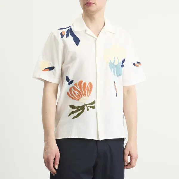 WAX LONDON Didcot Chunky Stitch Flower Vacation Shirt - Ecru/multi