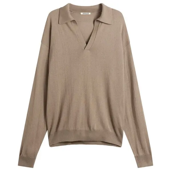 Auralee Cashmere Silk Knit Skipper Polo - Khaki Brown