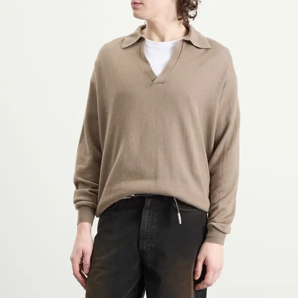 Auralee Cashmere Silk Knit Skipper Polo - Khaki Brown