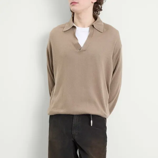 Auralee Cashmere Silk Knit Skipper Polo - Khaki Brown