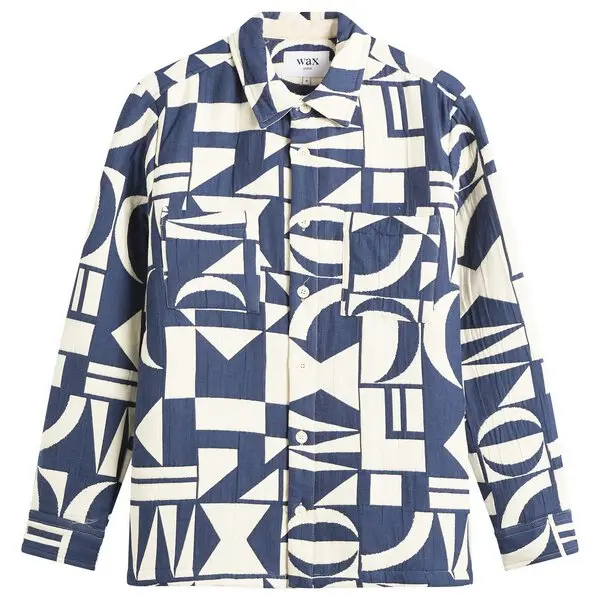 WAX LONDON Otto Geo Block Quilt Overshirt - Blue/ecru
