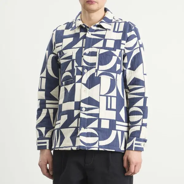 WAX LONDON Otto Geo Block Quilt Overshirt - Blue/ecru