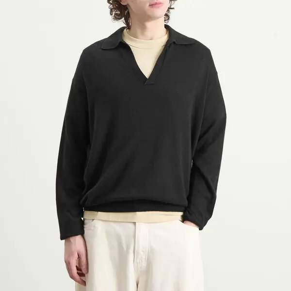 Auralee Cashmere Silk Knit Skipper Polo - Black