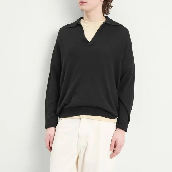 Auralee Cashmere Silk Knit Skipper Polo - Black