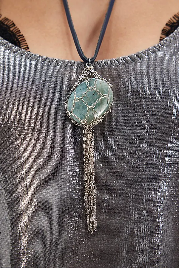 Free People Keepsake Pendant Semiprecious Stone Necklace - Navy Suede Aqua Silver