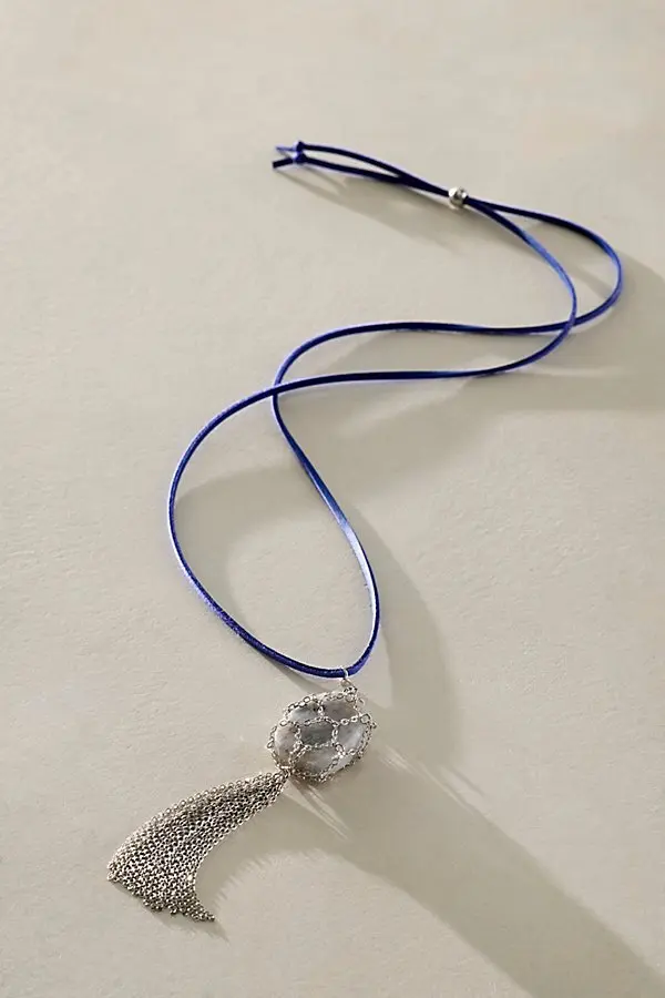 Free People Keepsake Pendant Stone Necklace - Navy Suede Aqua Silver