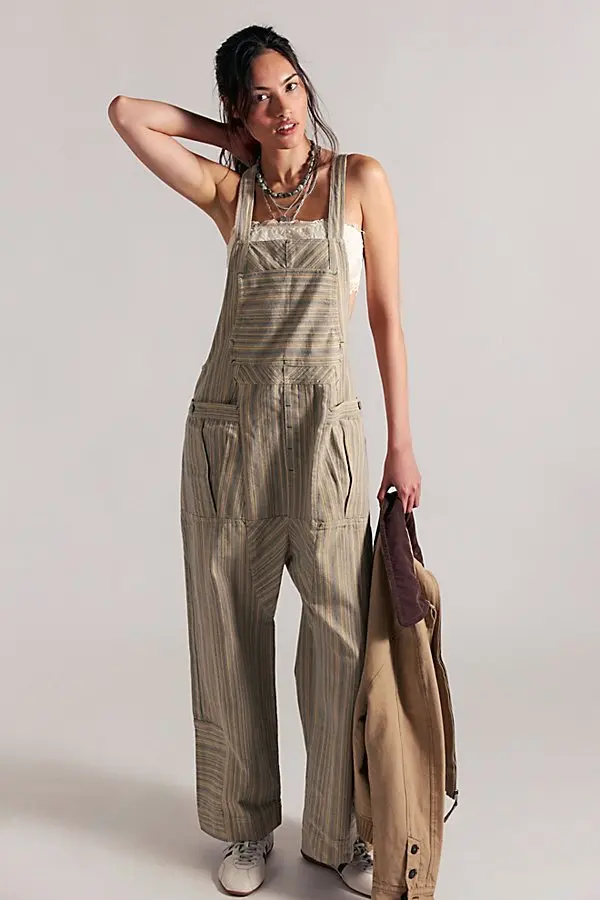 Free People Iconic Harem Yarn Dye Overalls - Tea Combo