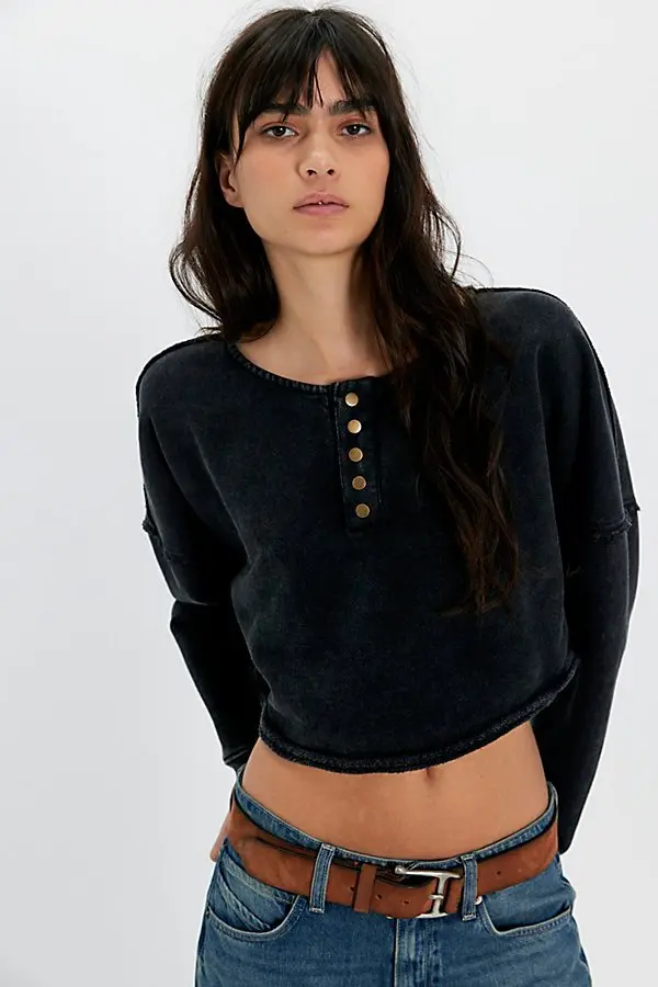 Free People Katie Cropped Henley Sweatshirt