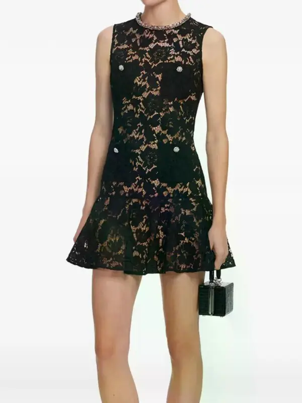 SELF-PORTRAIT Crystal-embellished Lace Mini Dress - Black