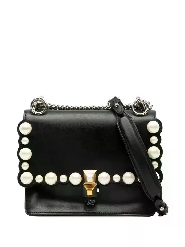Fendi 2010-2025 Mini Scalloped Leather And Pearls Kan I Crossbody Bag - Black