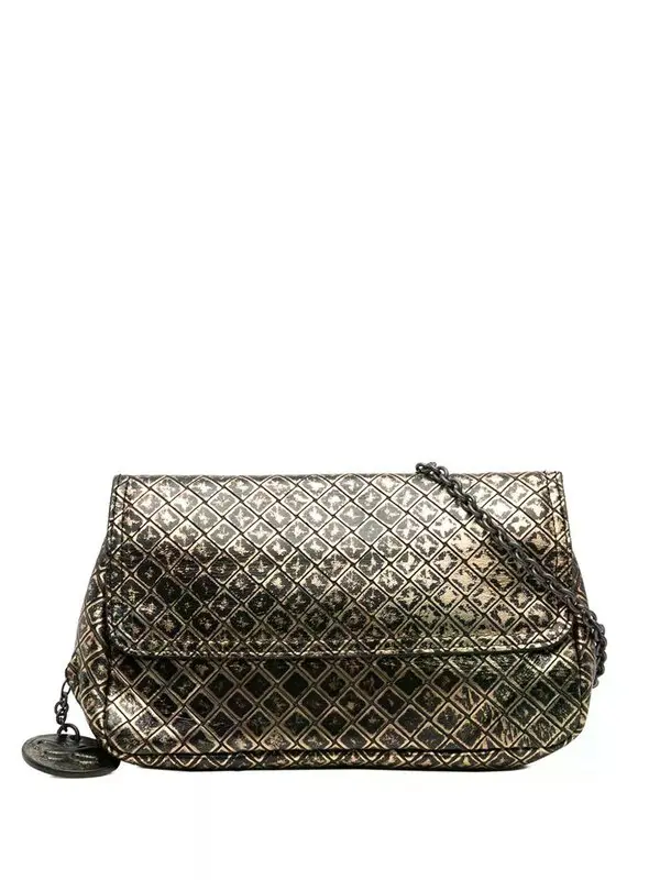 Bottega Veneta 2012-2025 Metallic Calfskin Intrecciomirage Chain Flap Crossbody Bag - Gold