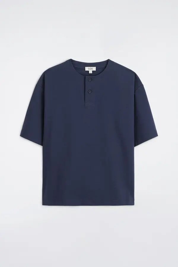 Cos Oversized Cotton-jersey Henley T-shirt - Dark Blue