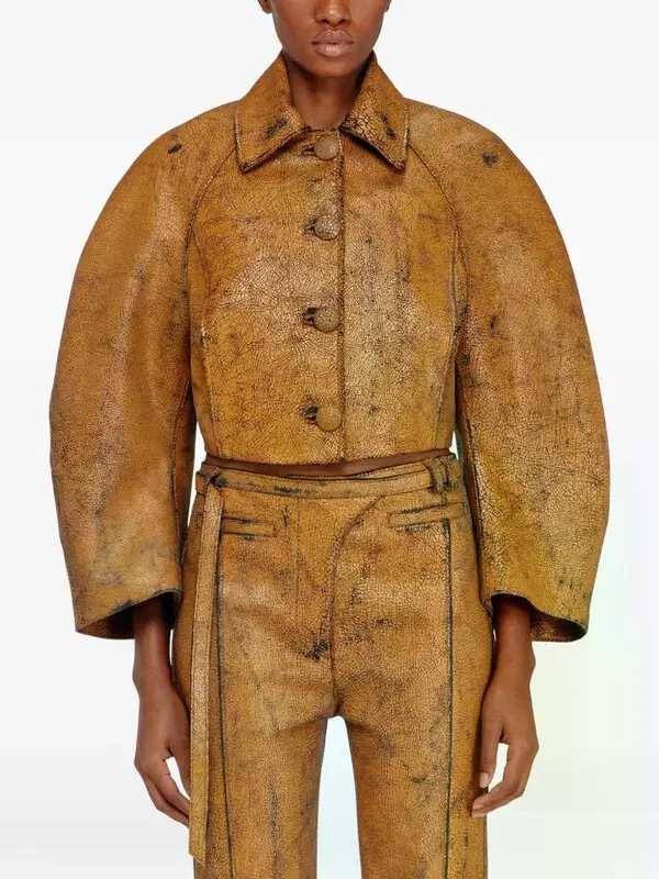 DIESEL® Cropped Cocoon Jacket In Crackle Leather - Brown