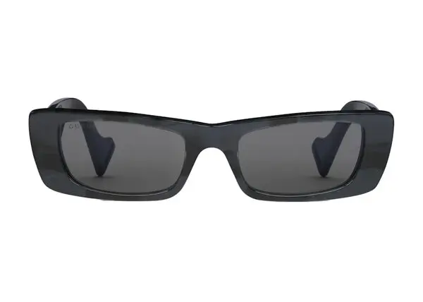 Gucci Rectangular Sunglasses/grey Lens - Shiny Black/gold/tone