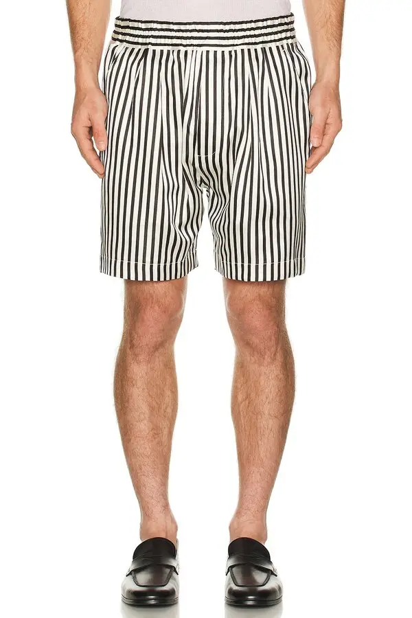 TOM FORD Fluid Silk Baton Stripe Pleated Piping Lounge Shorts In Black - Black & White