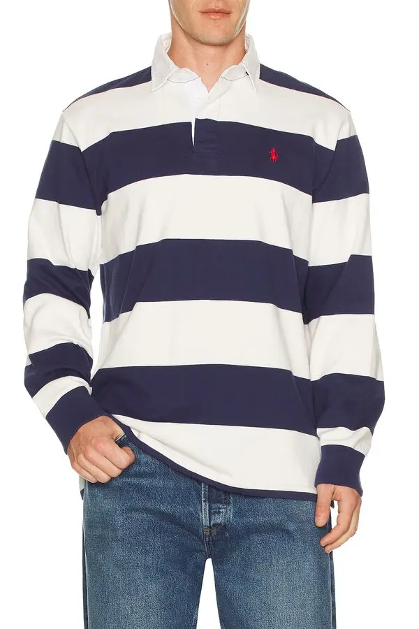 Polo Ralph Lauren Long Sleeve Heavyweight Rugby Shirt In Navy - Dark Cobalt & Deckwash White