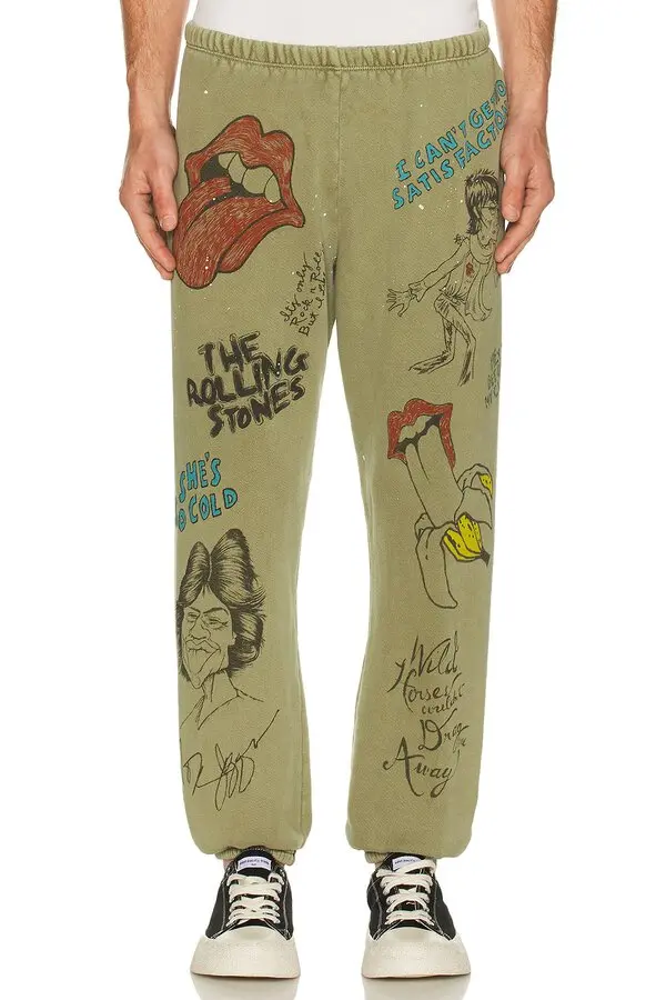 MadeWorn Rolling Stones Sketch P.e. Sweatpants In Green - Fatigue