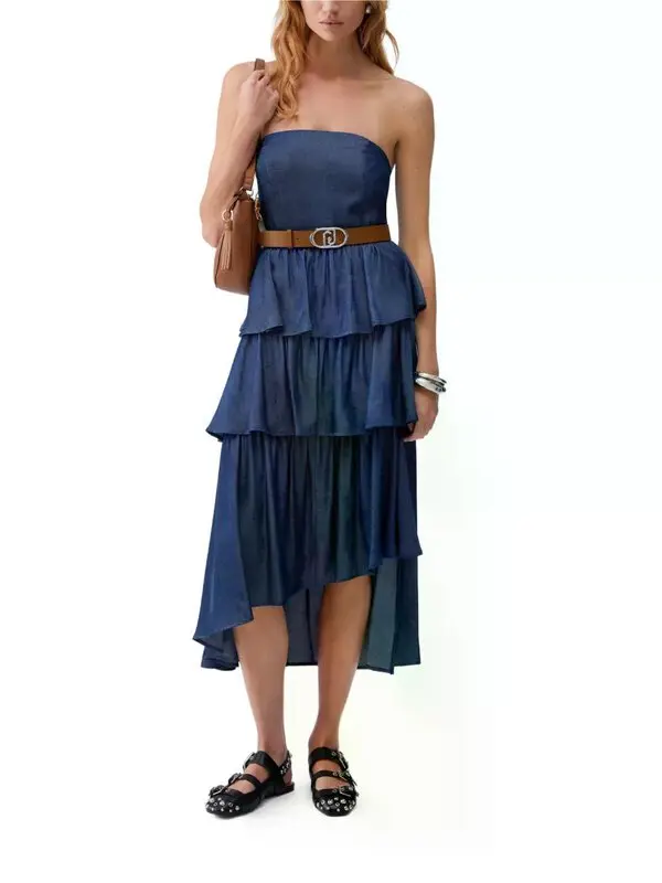 Liu Jo Asymmetrical Ruffled Midi Dress In Chambray Denim