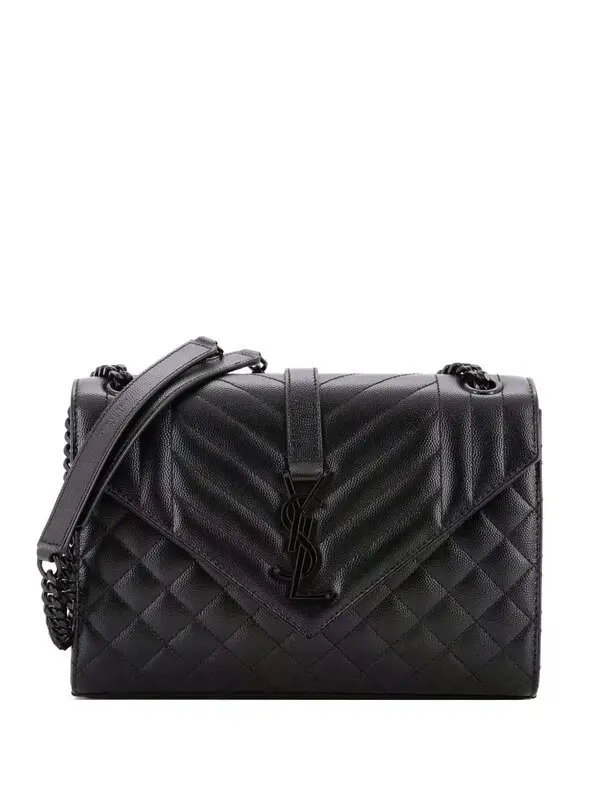 Saint Laurent Classic Monogram Envelope Satchel Mixed Matelasse Leather Medium Shoulder Bag - Black